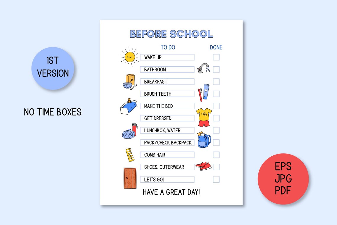 Before School Checklist Printable Kids Morning Routine Chart Pdf
