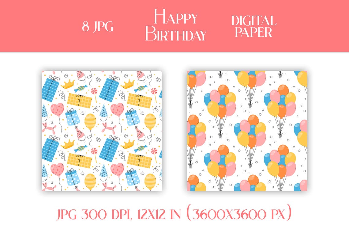 Happy Birthday Digital Paper JPG Cute Bday Patterns Pack | Scrapbooking ...