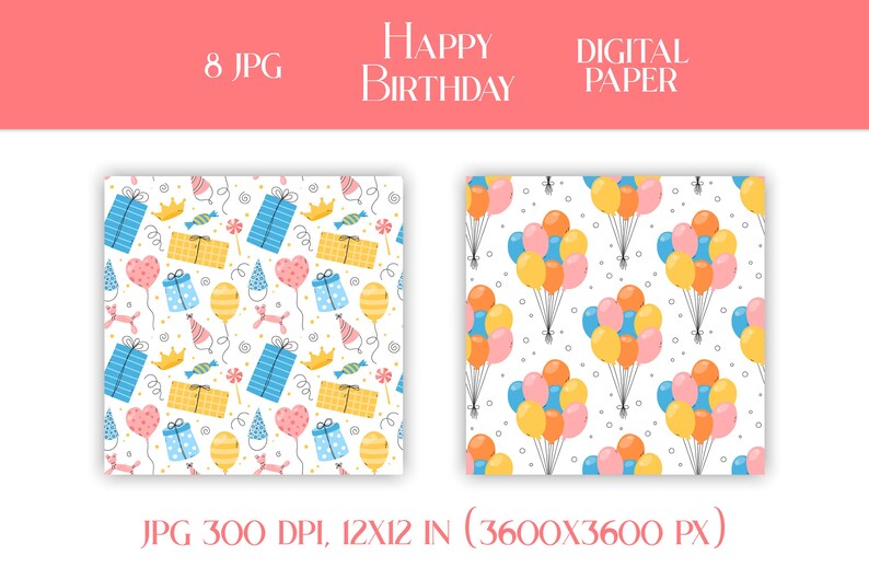 Happy Birthday Digital Paper JPG Cute Bday Patterns Pack | Scrapbooking ...