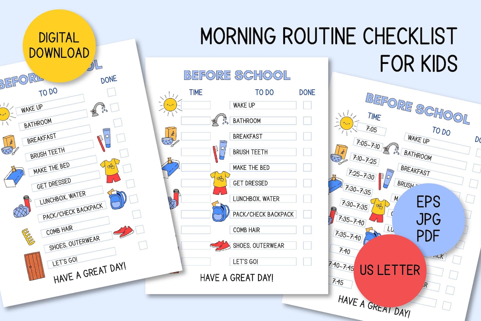 Before School Checklist Printable | Kids Morning Routine Chart PDF ...