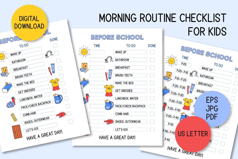 Kids Morning Routine Checklist Printable | Before School Chart PDF ...