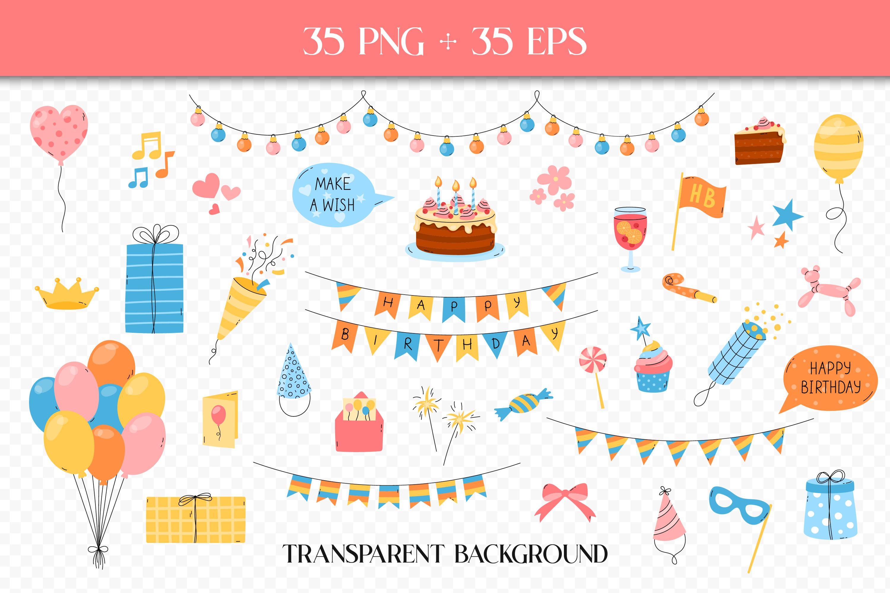 Birthday PNG Clip Art | Cute Clipart Bundle of Elements | Happy Bday ...