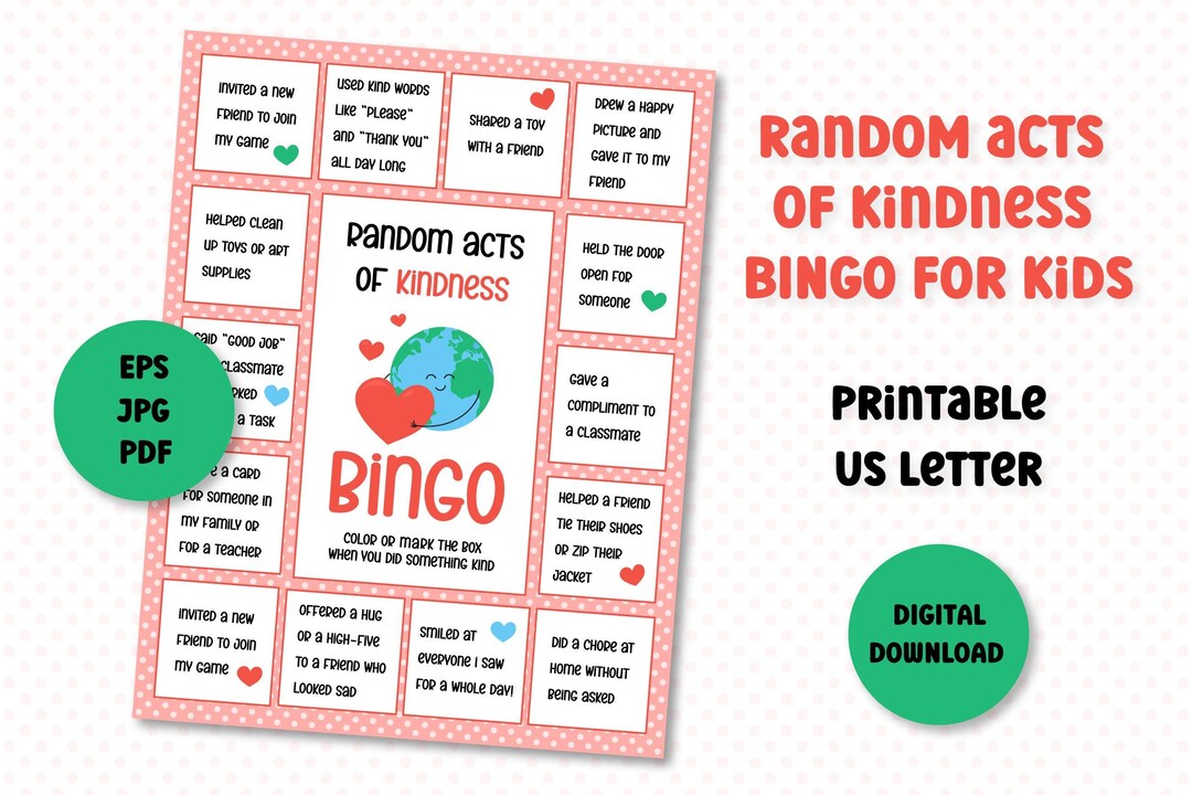 Kindness Bingo for Kids Printable PDF JPG | Random Acts of Kindness ...