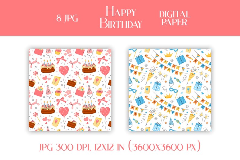Happy Birthday Digital Paper JPG Cute Bday Patterns Pack | Scrapbooking ...