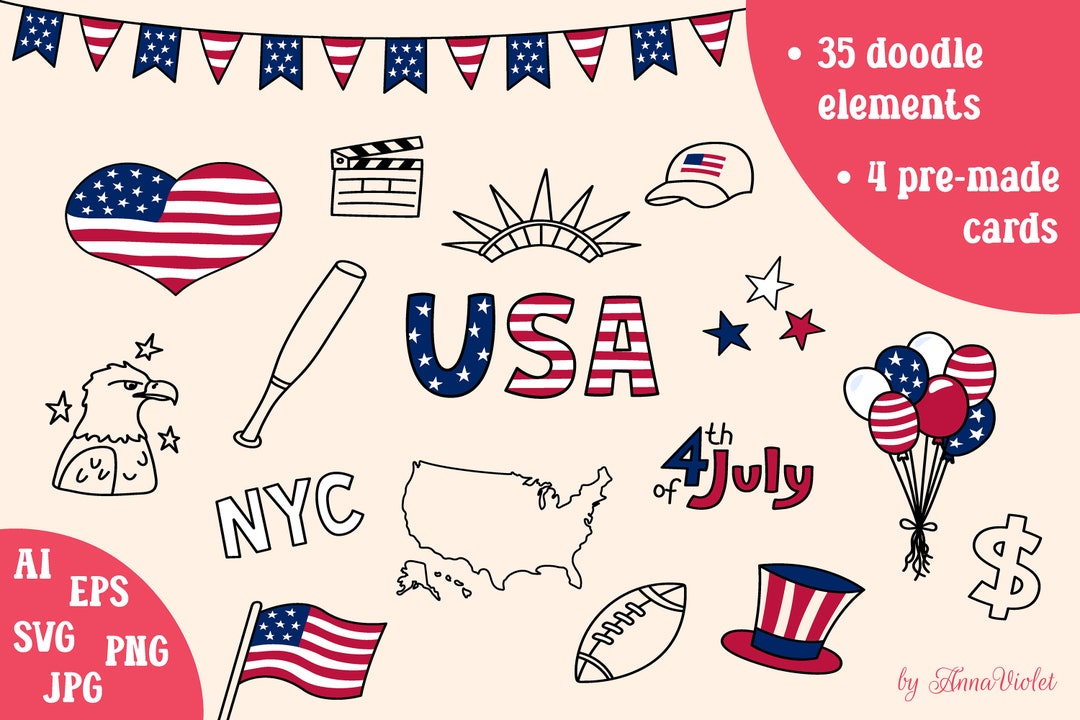 USA Clipart | Independence Day PNG Doodle Elements | July 4 Cards ...