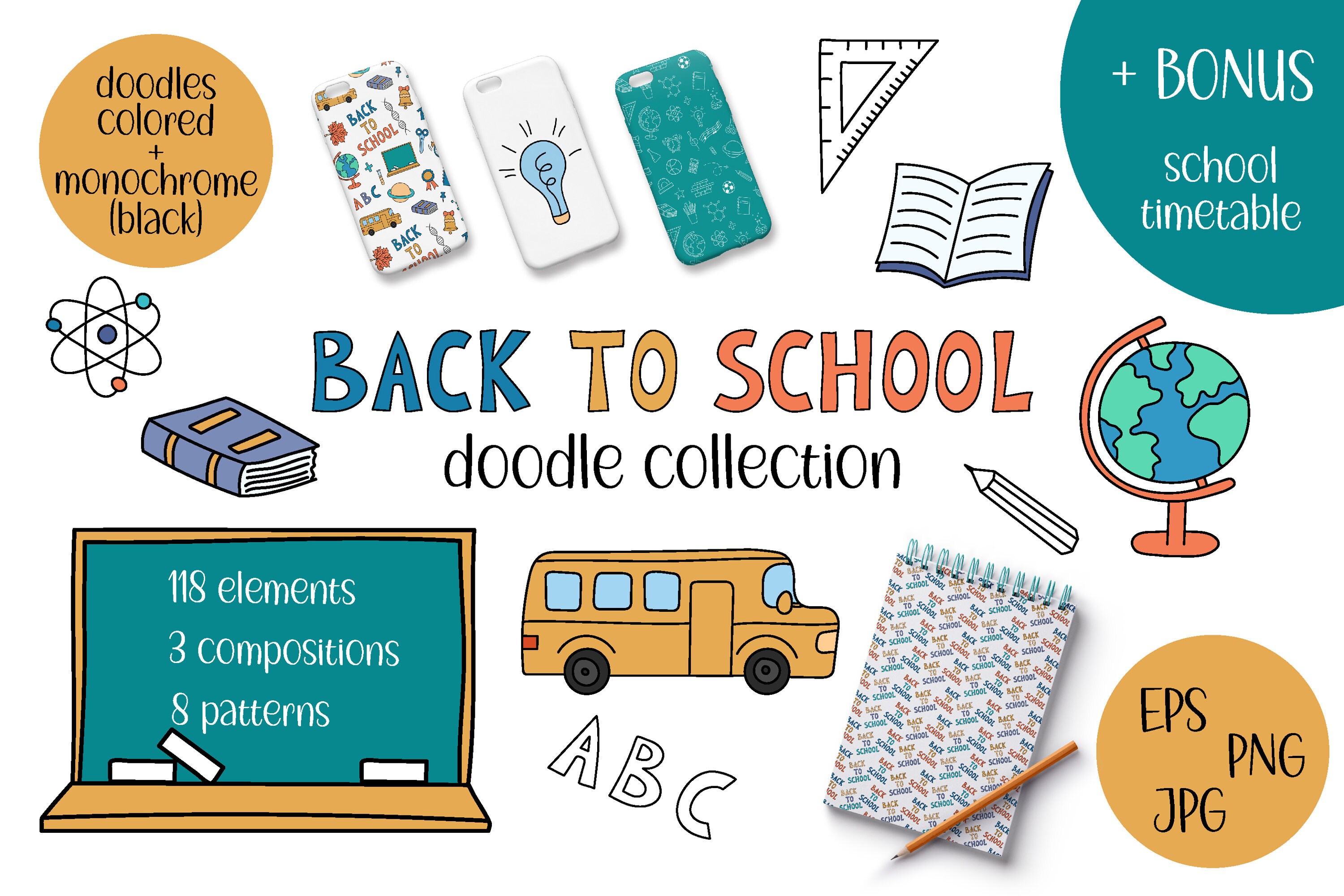 Back to School Clip Art Bundle Timetable Template, Patterns, PNG ...