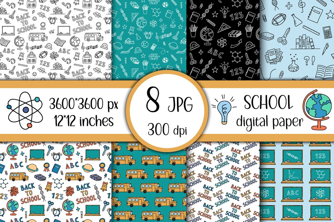 School Digital Paper | Educational Doodles JPG Patterns Collection for ...
