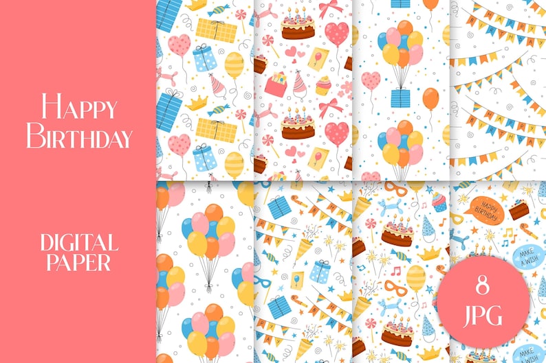 Happy Birthday Digital Paper JPG Cute Bday Patterns Pack | Scrapbooking ...