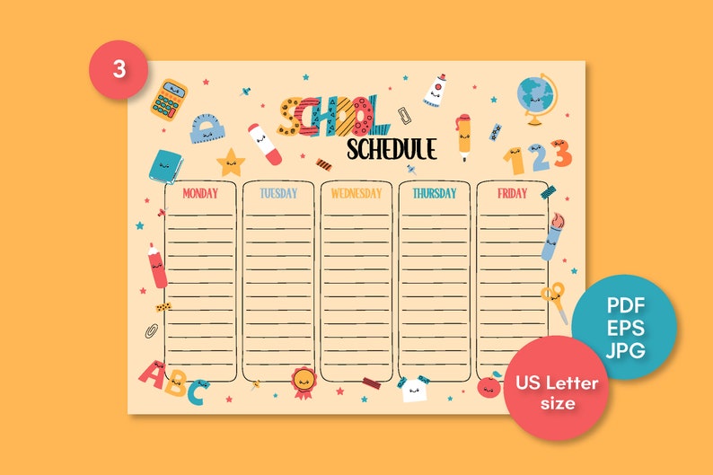 School Schedule Printable Template PDF | Colorful US Letter Worksheets ...