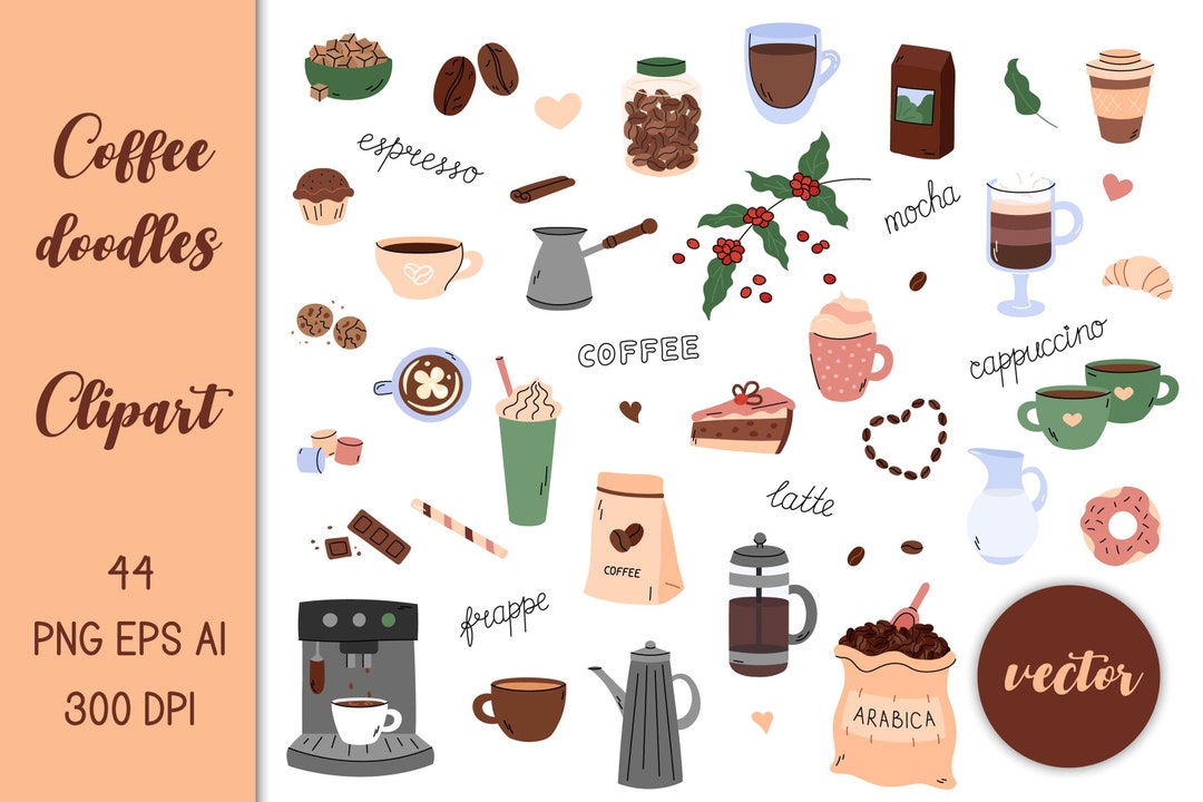 Coffee Clipart PNG | Cute Coffee Clip Art Bundle | Vector Doodles ...