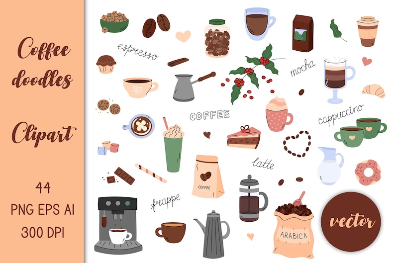 Coffee Clipart PNG | Cute Coffee Clip Art Bundle | Vector Doodles ...