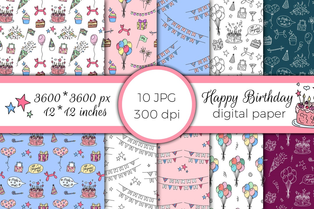 Happy Birthday Digital Paper | Bday JPG Doodle Patterns Collection for ...