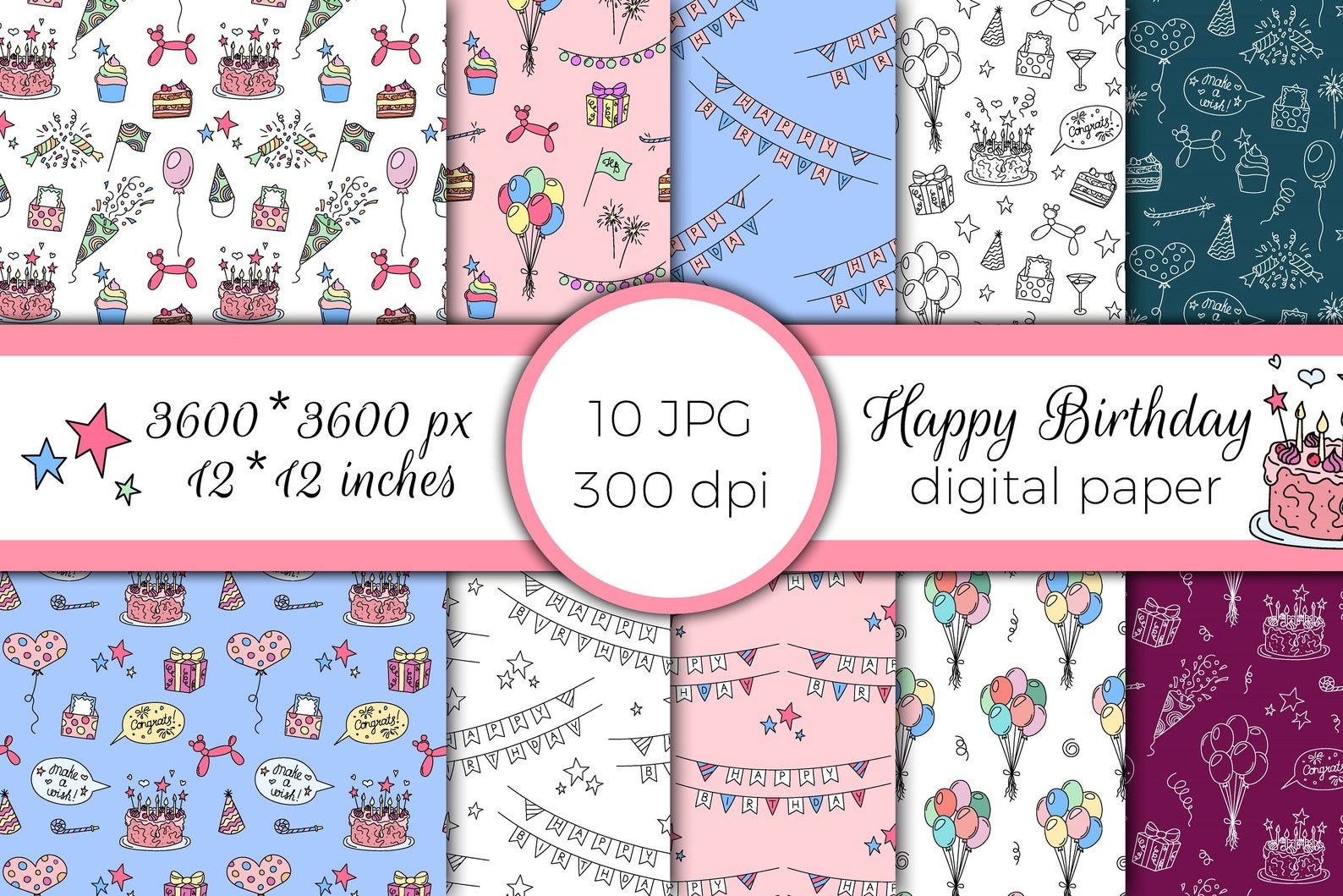 Happy Birthday Digital Paper | Bday JPG Doodle Patterns Collection for ...