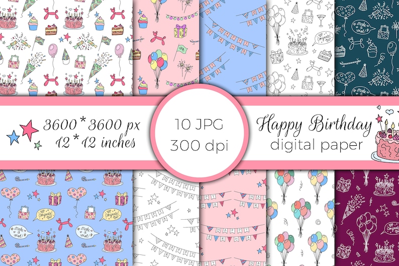 Happy Birthday Digital Paper | Bday JPG Doodle Patterns Collection for ...