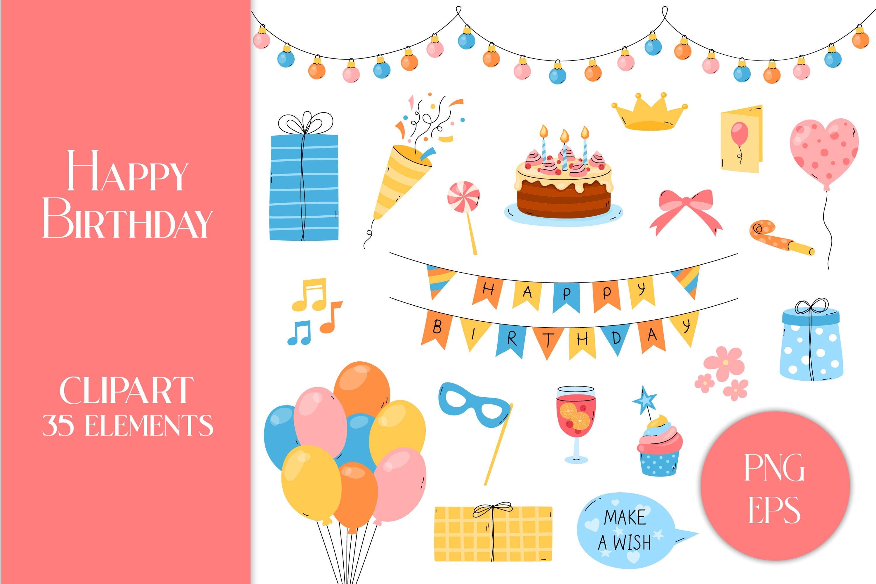 Birthday PNG Clip Art | Cute Clipart Bundle of Elements | Happy Bday ...