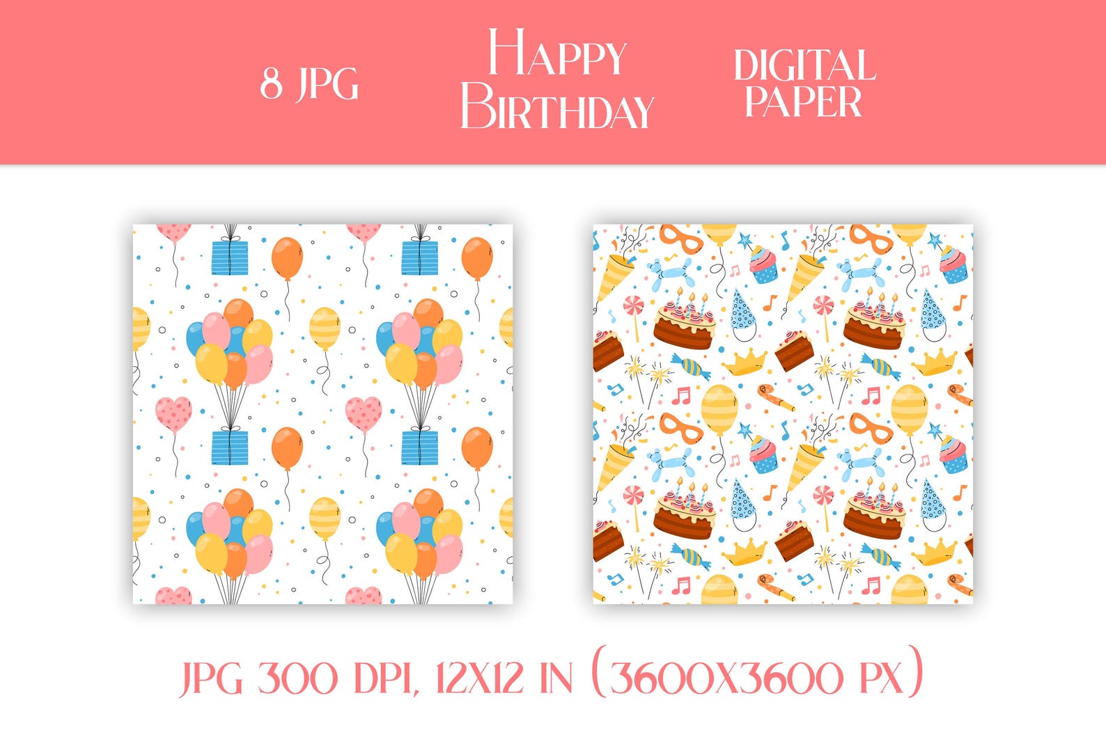Happy Birthday Digital Paper JPG Cute Bday Patterns Pack | Scrapbooking ...