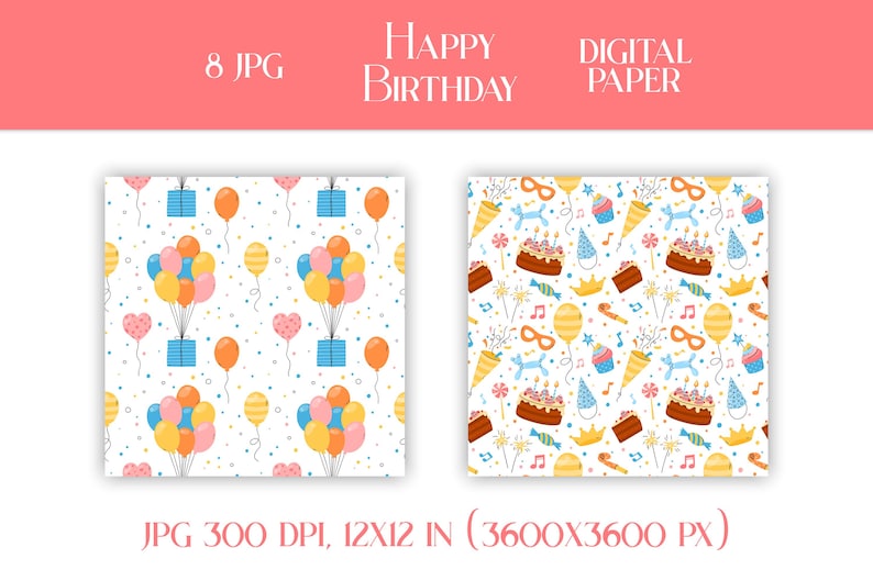 Happy Birthday Digital Paper JPG Cute Bday Patterns Pack | Scrapbooking ...