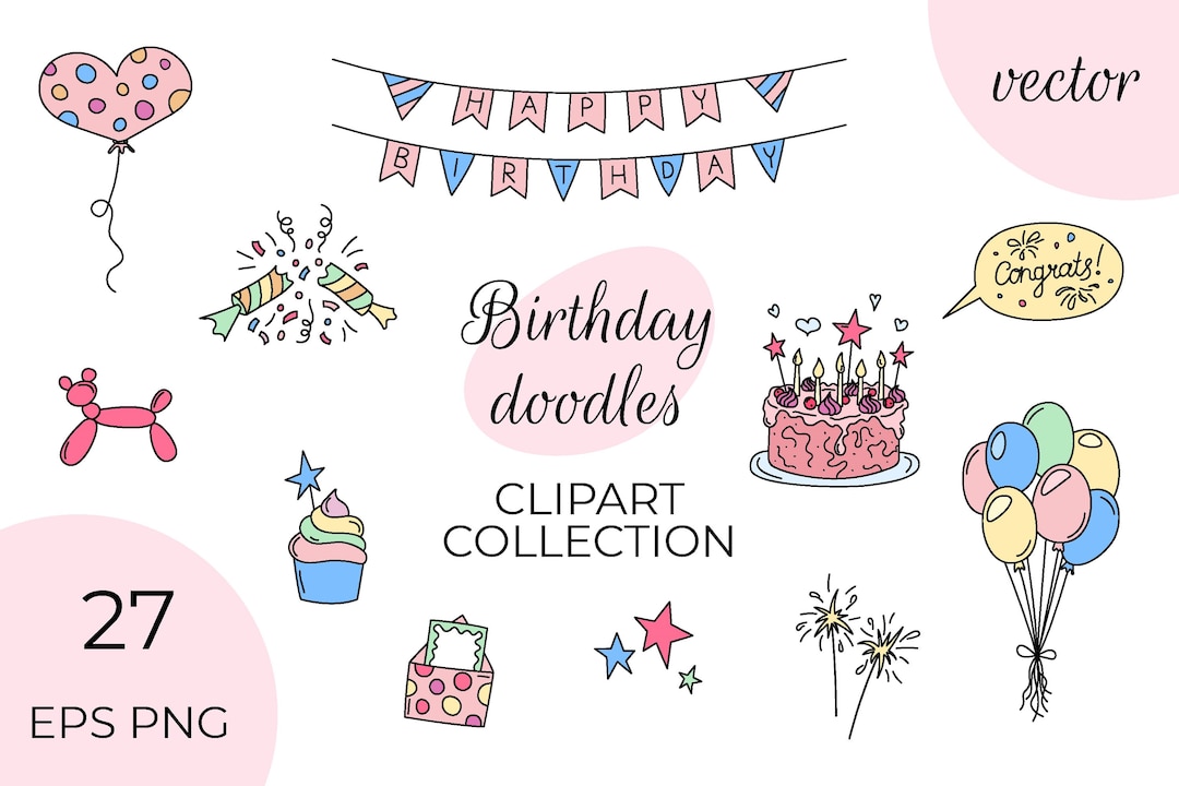 Birthday Clip Art Bundle | PNG Doodle Clipart Elements | Happy Bday ...