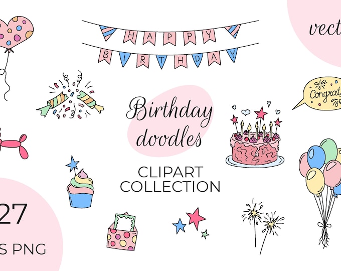 Birthday Clip Art Bundle | PNG Doodle Clipart Elements | Happy Bday ...