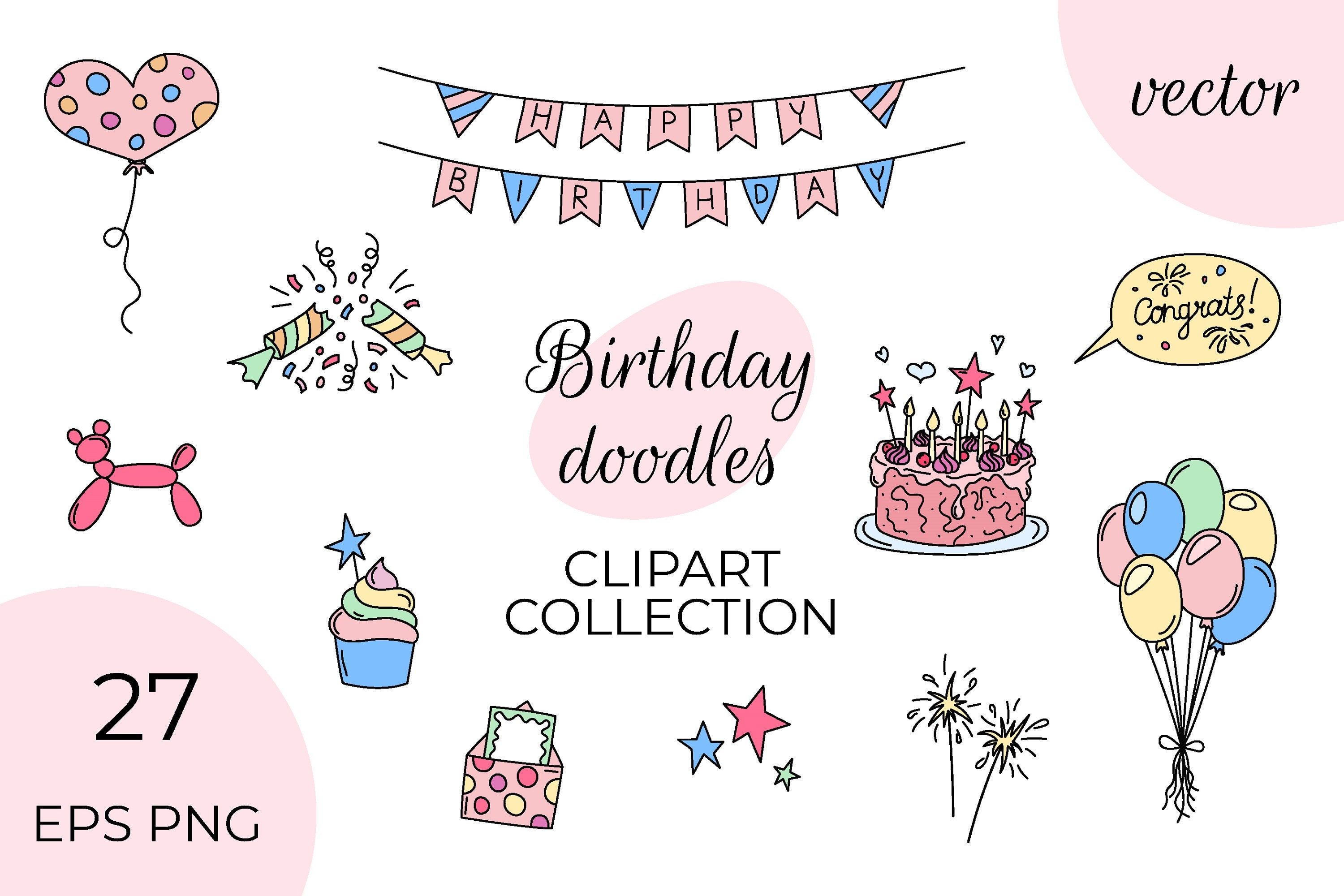 Birthday Clip Art Bundle | PNG Doodle Clipart Elements | Happy Bday ...
