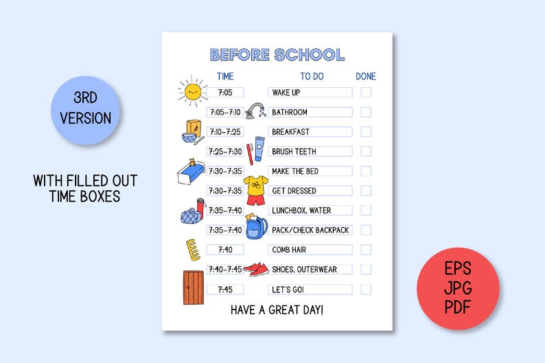 Before School Checklist Printable | Kids Morning Routine Chart PDF ...