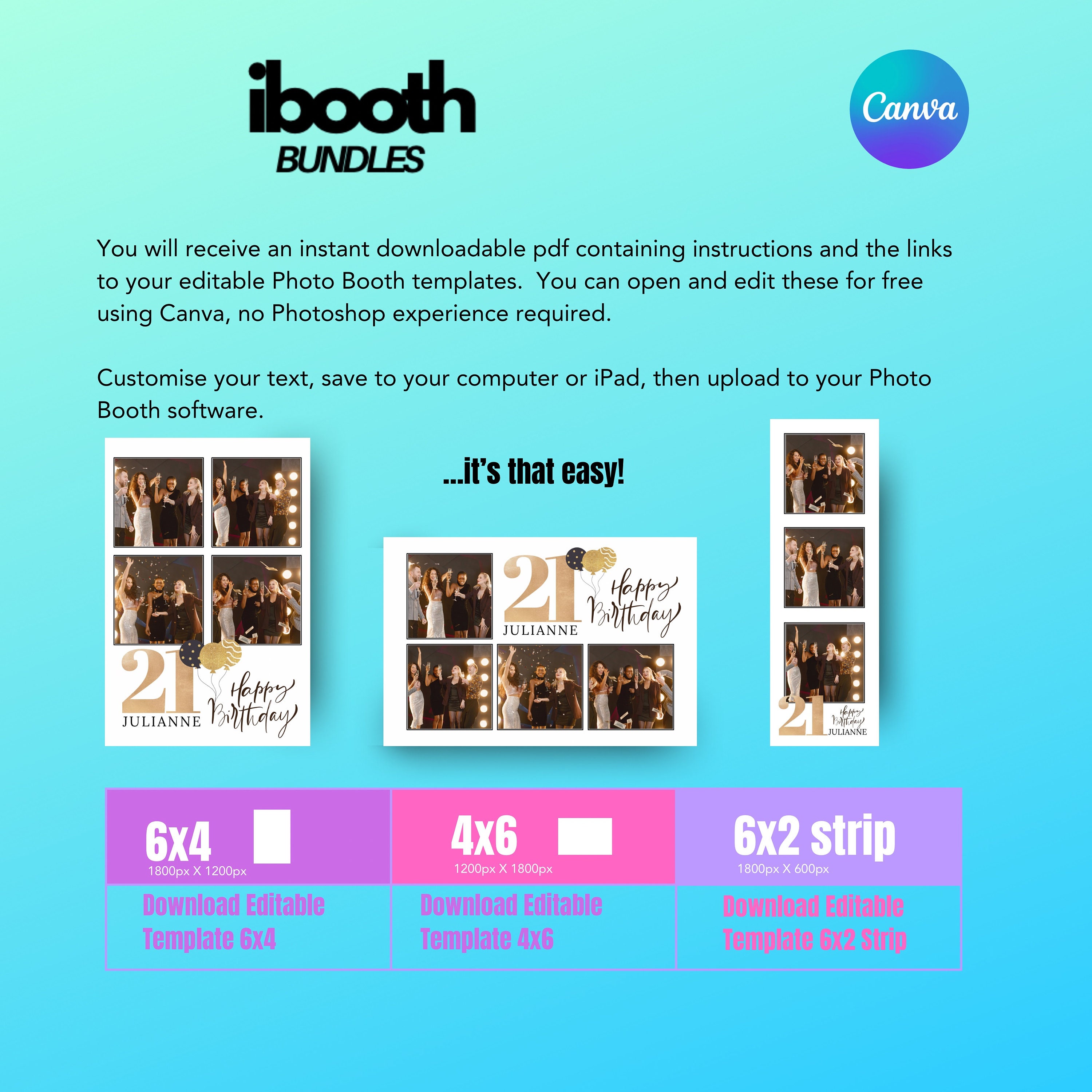 Photo Booth Template, 6x4, 6x2, 4x6, 21st Birthday Modern Black White ...