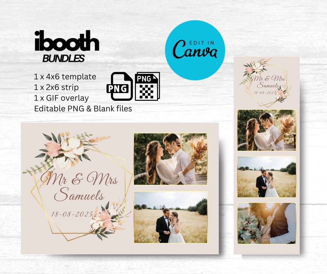 Photo Booth Template, 6x2, 4x6, Boho Floral Gold Frame Wedding, Edit in ...