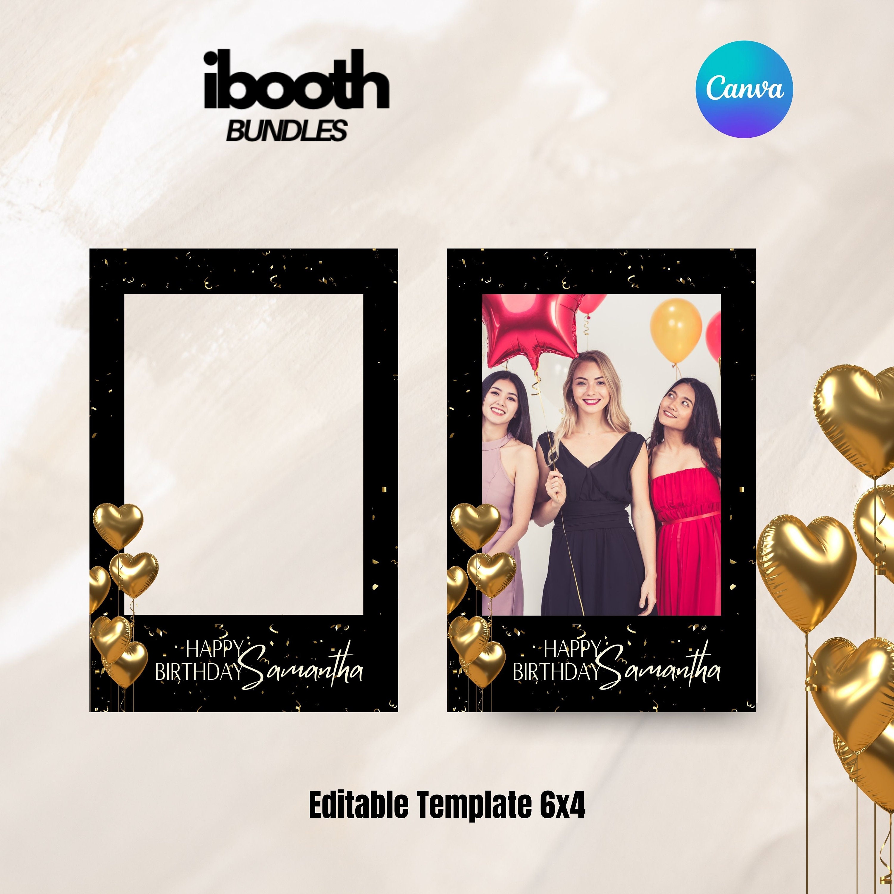 Photo Booth Template, 6x4, 6x2, 4x6, Black and Gold Balloons Happy ...