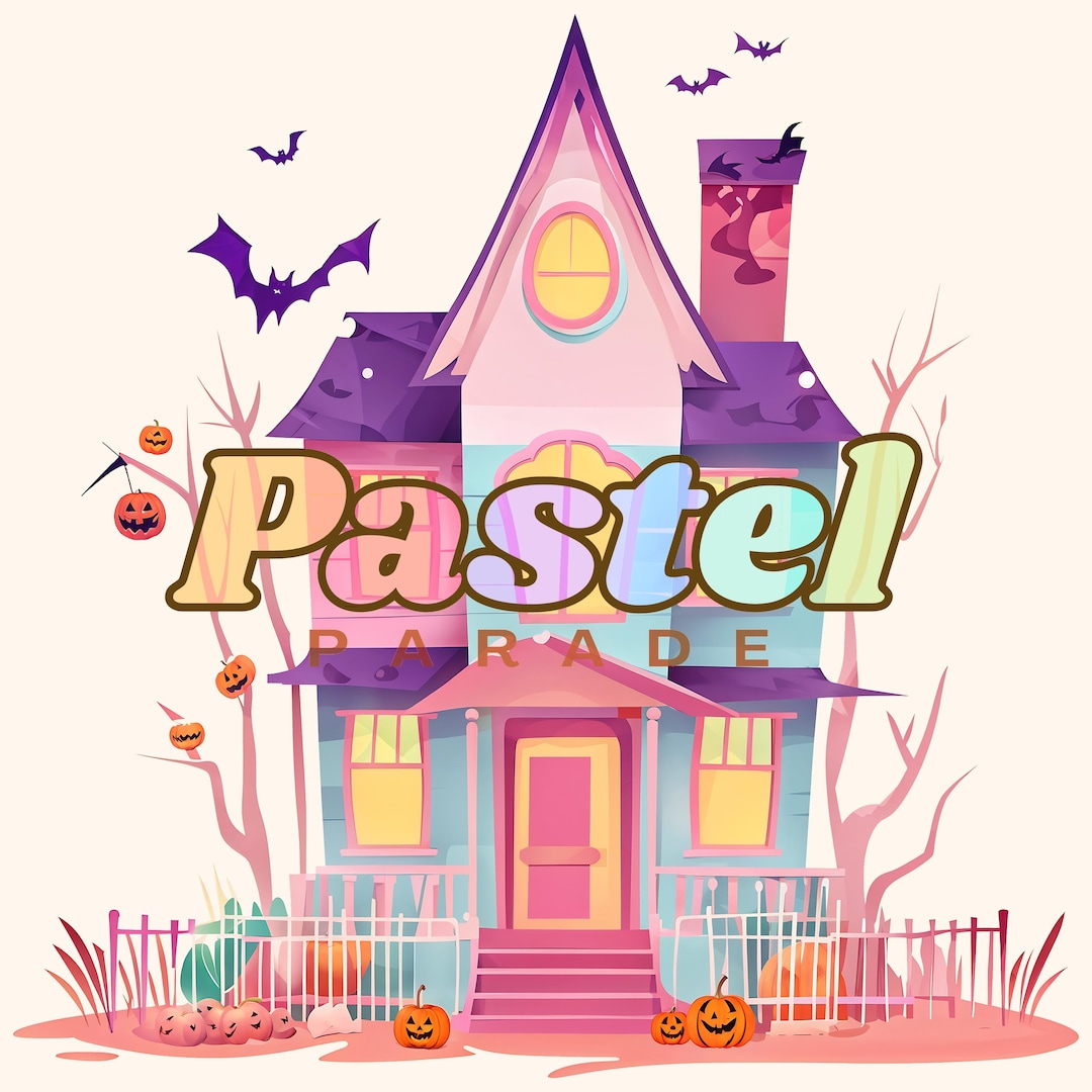 Colorful Haunted House PNG, Cute Halloween PDF, Stationery Crafts, Pink ...