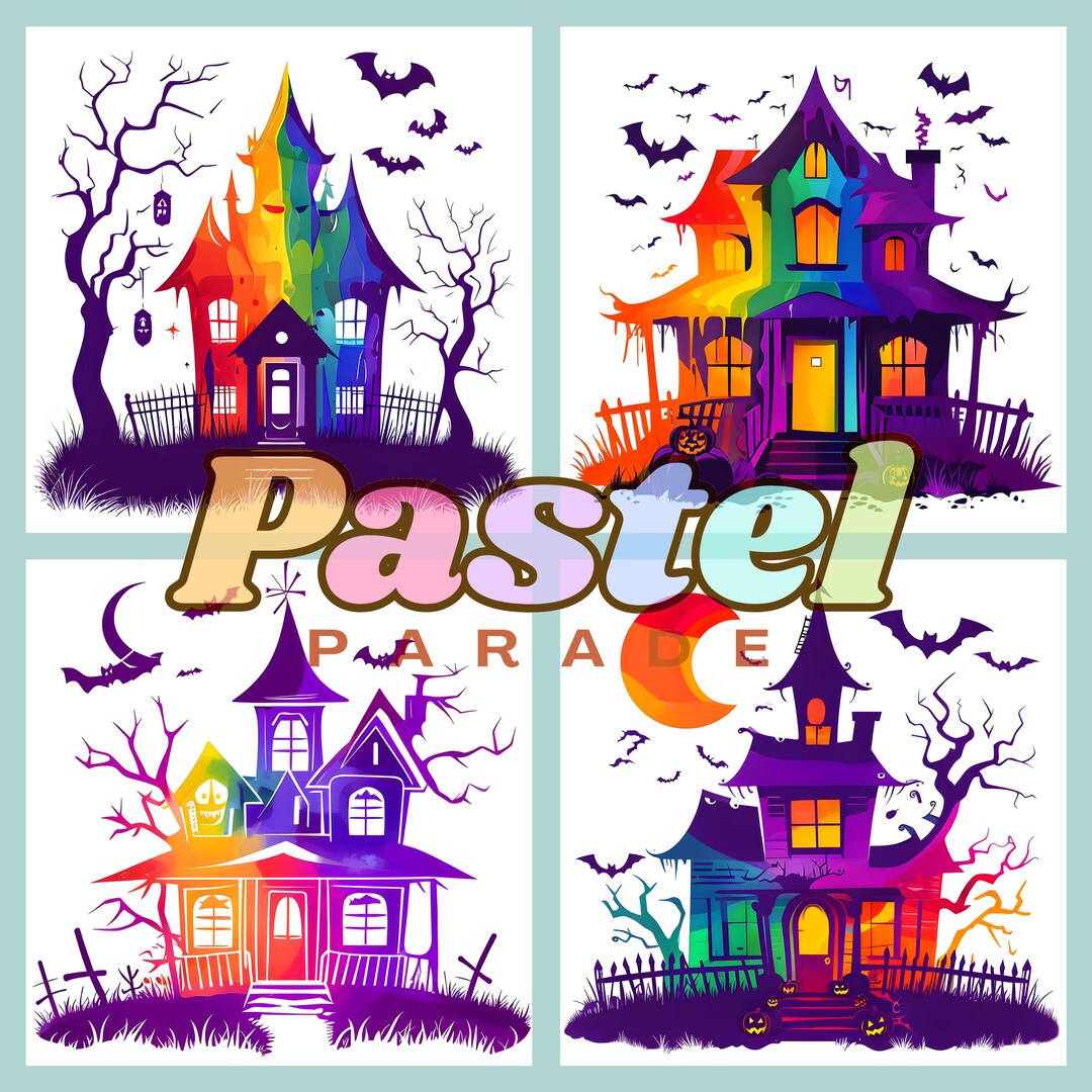 Rainbow Haunted House Clipart, Bundle of 4 PNG, Fall Stationery Crafts ...