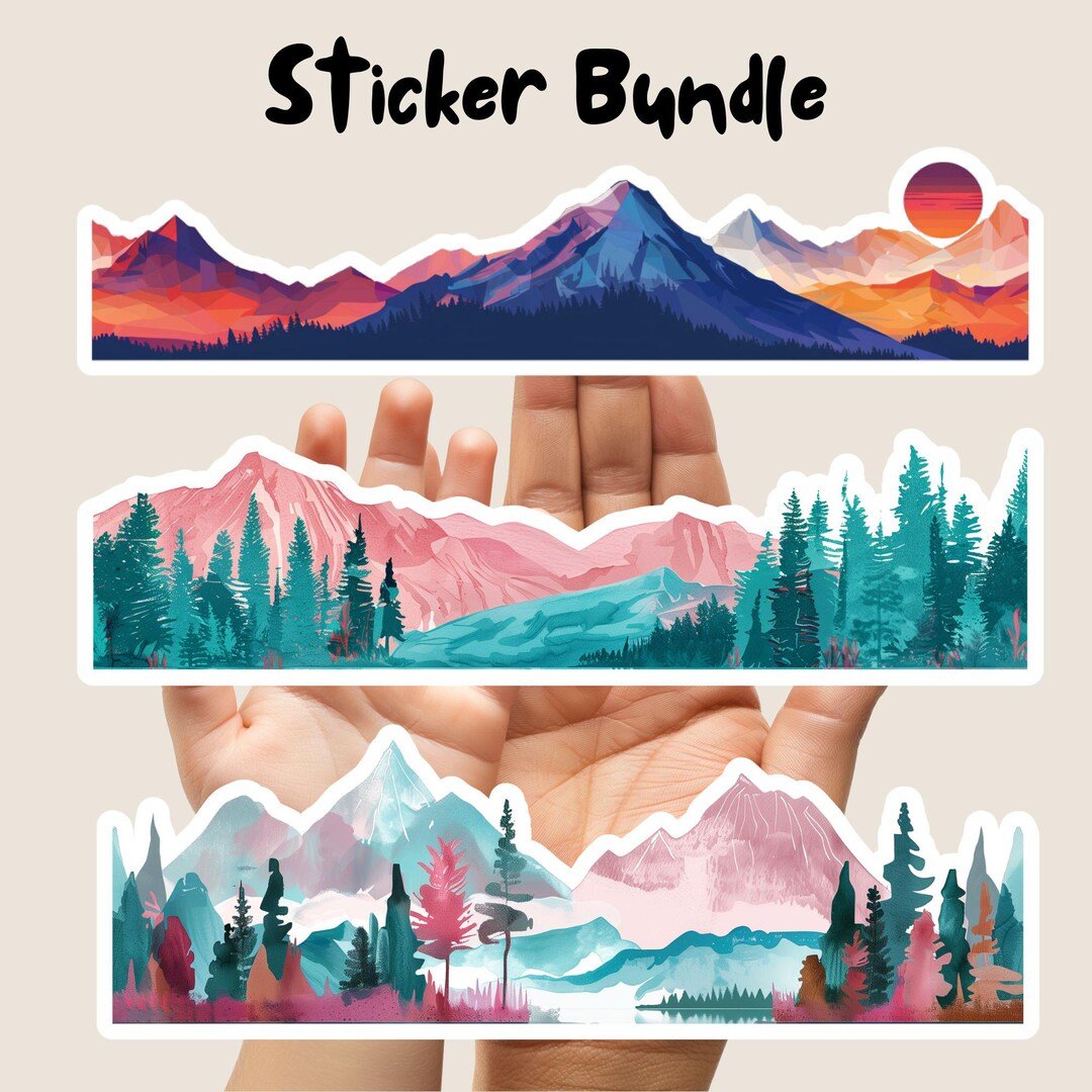 Mountain Sticker Bundle: Pink Teal Sunset, Waterproof Vinyl Decals - Etsy