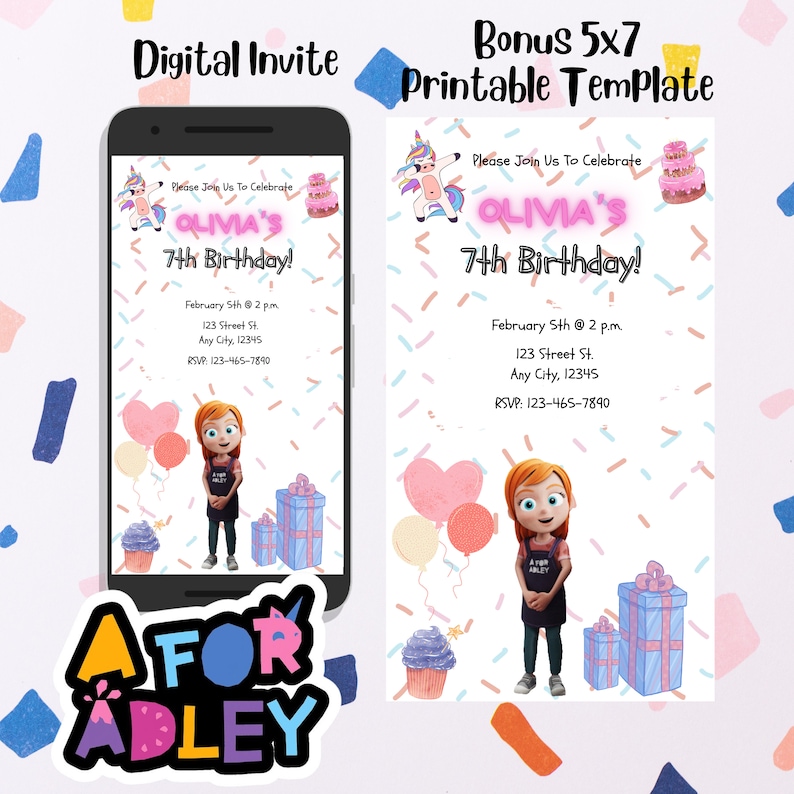 A for Adley Digital Birthday Invitation. BONUS 5x7 Printable Template ...