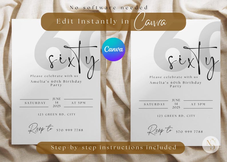 Minimalist 60th Birthday Invitation Template • Neutral Elegant Party ...