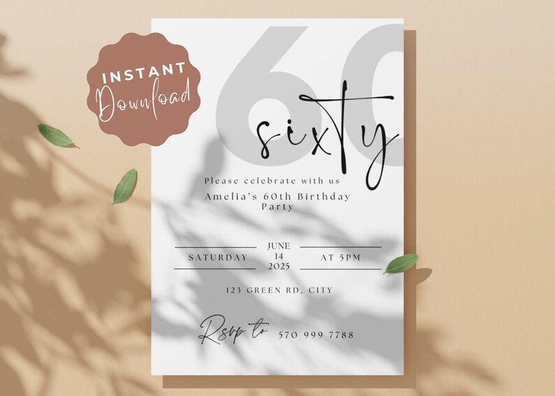 Minimalist 60th Birthday Invitation Template • Neutral Elegant Party ...