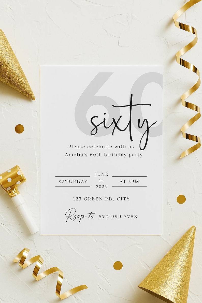 Minimalist 60th Birthday Invitation Template • Neutral Elegant Party ...