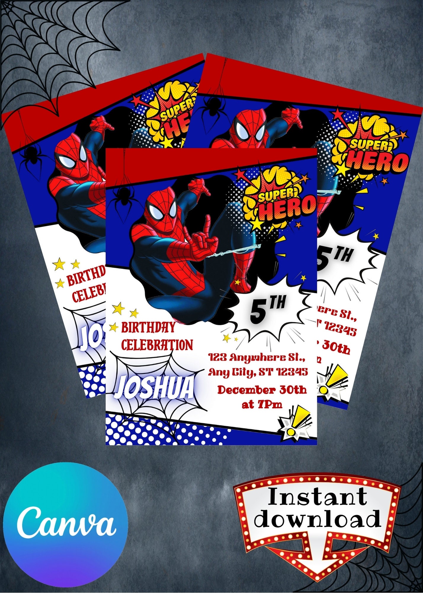 Spider-man Invitation, Theme Party Invite, Digital, Canva Editable ...