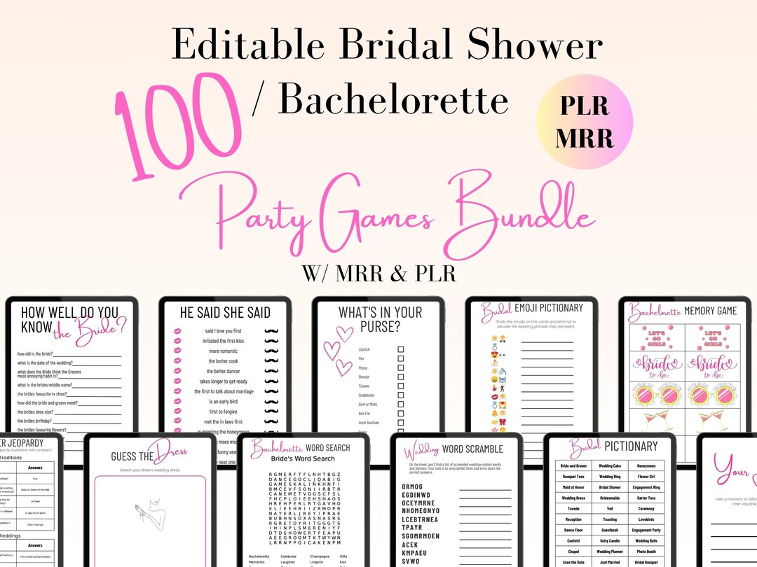 100 Editable Bridal Shower / Bachelorette Party Games Bundle W/ Master ...