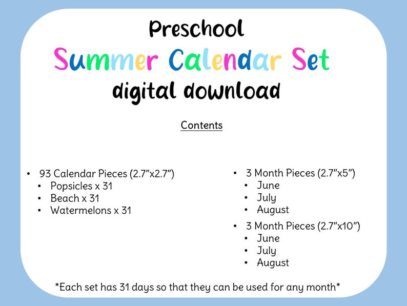 Summer Calendar Piece Set - Etsy