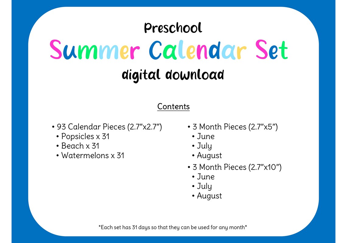 Summer Calendar Piece Set - Etsy