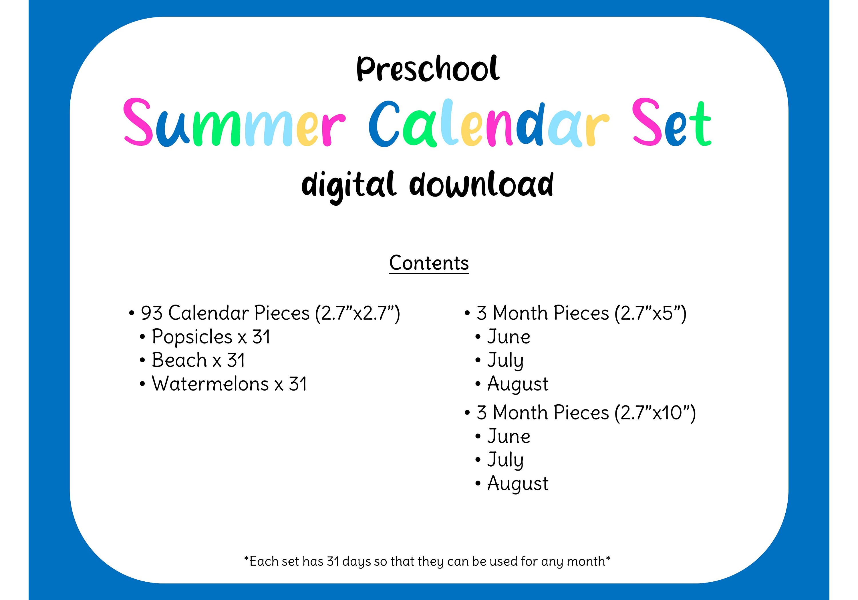 Summer Calendar Piece Set - Etsy