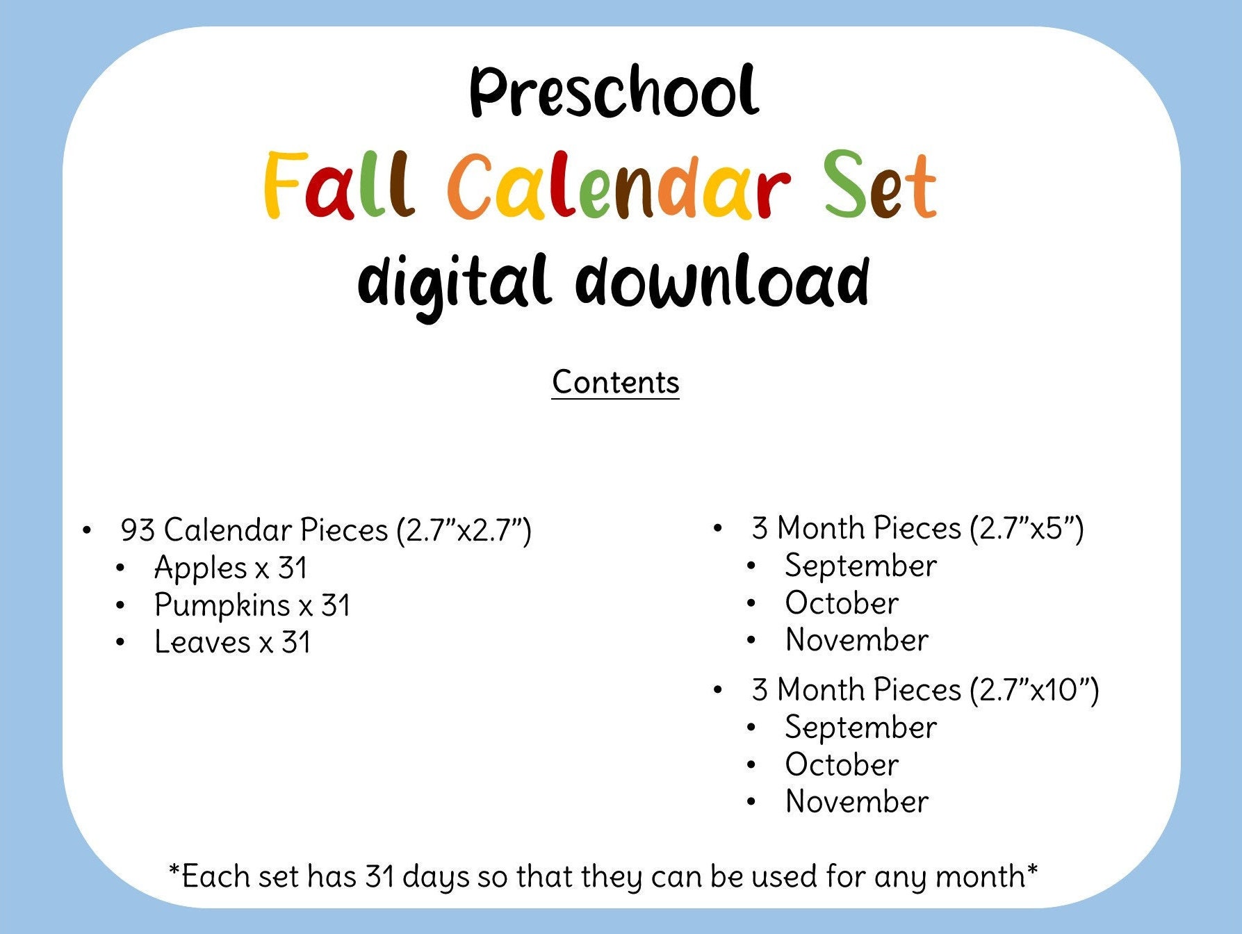 Fall Calendar Piece Set - Etsy