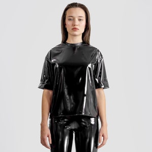Black Latex-look T-shirt | Vegan Leather Top Tee Shirt Statement Fashion Women Clothing Bold ...