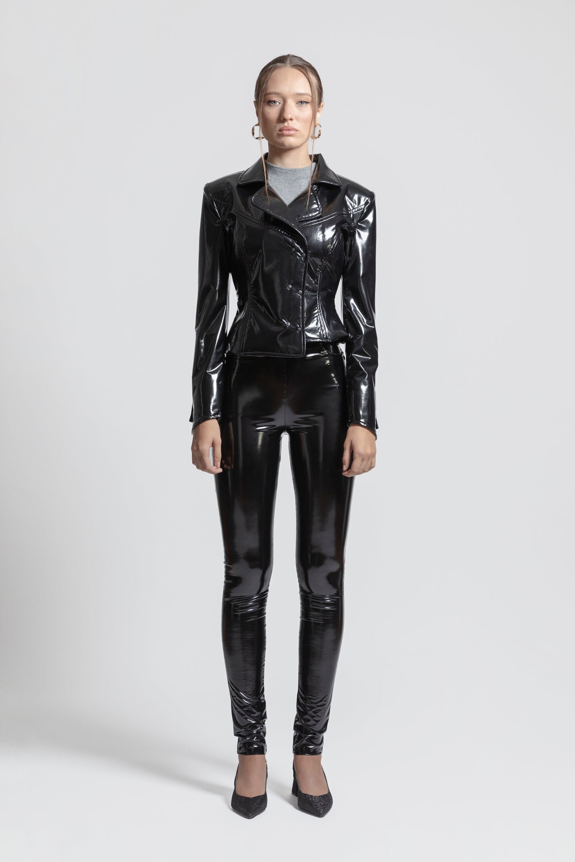 Asymmetric Latex Look Blazer | Glossy Jacket Wet Look Faux Leather ...