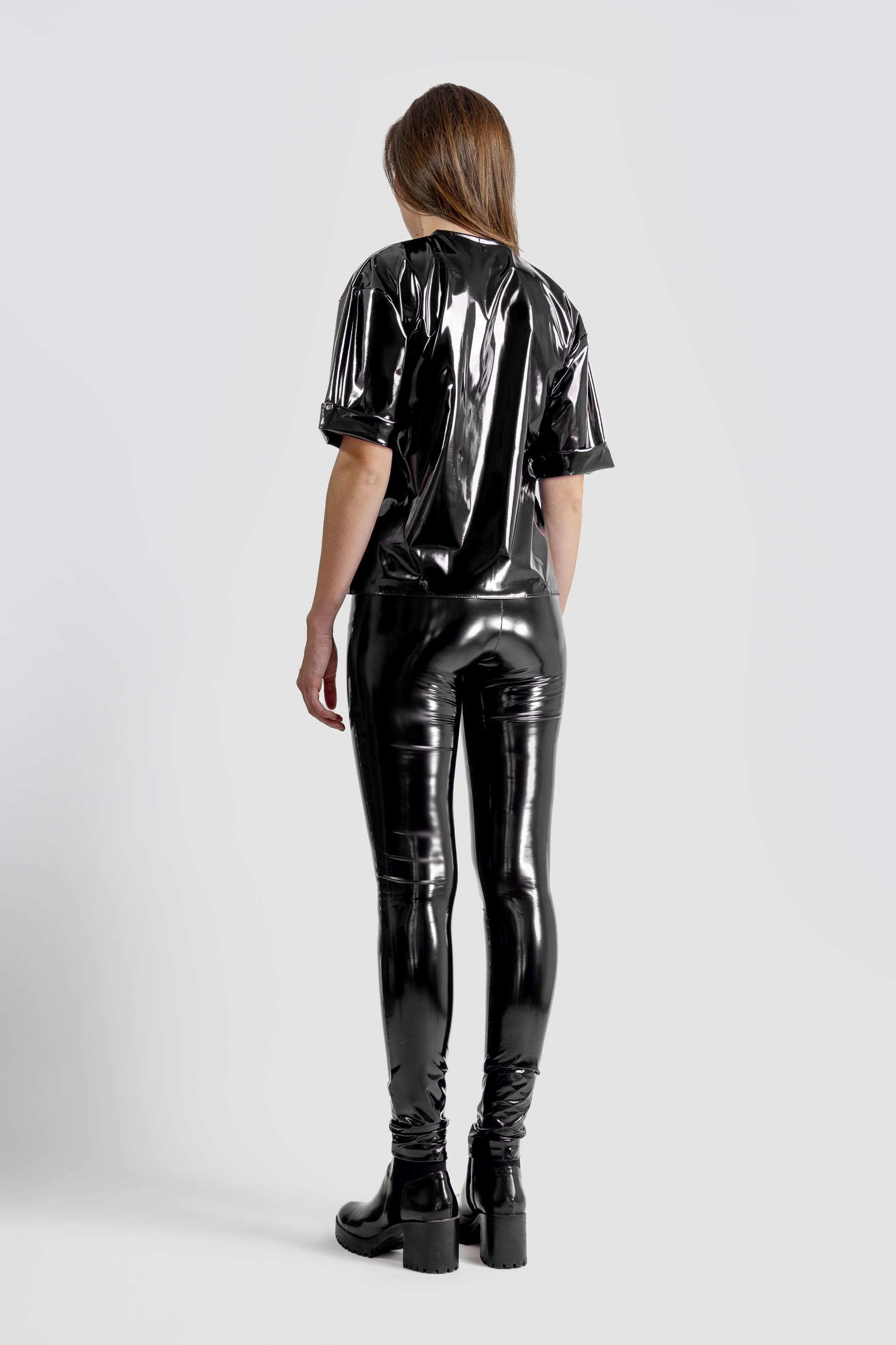 Black Latex-look T-shirt | Vegan Leather Top Tee Shirt Statement ...