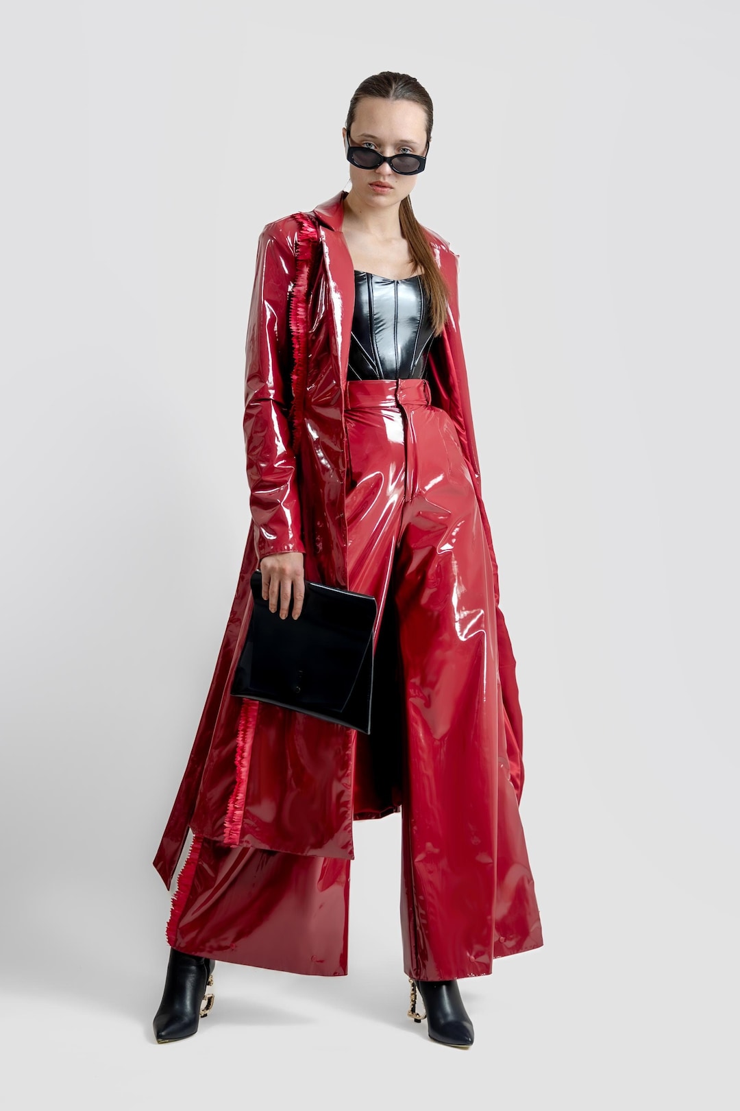 Latex Look Trench Coat & Fringe Detail | Burgundy Red Glossy Long ...