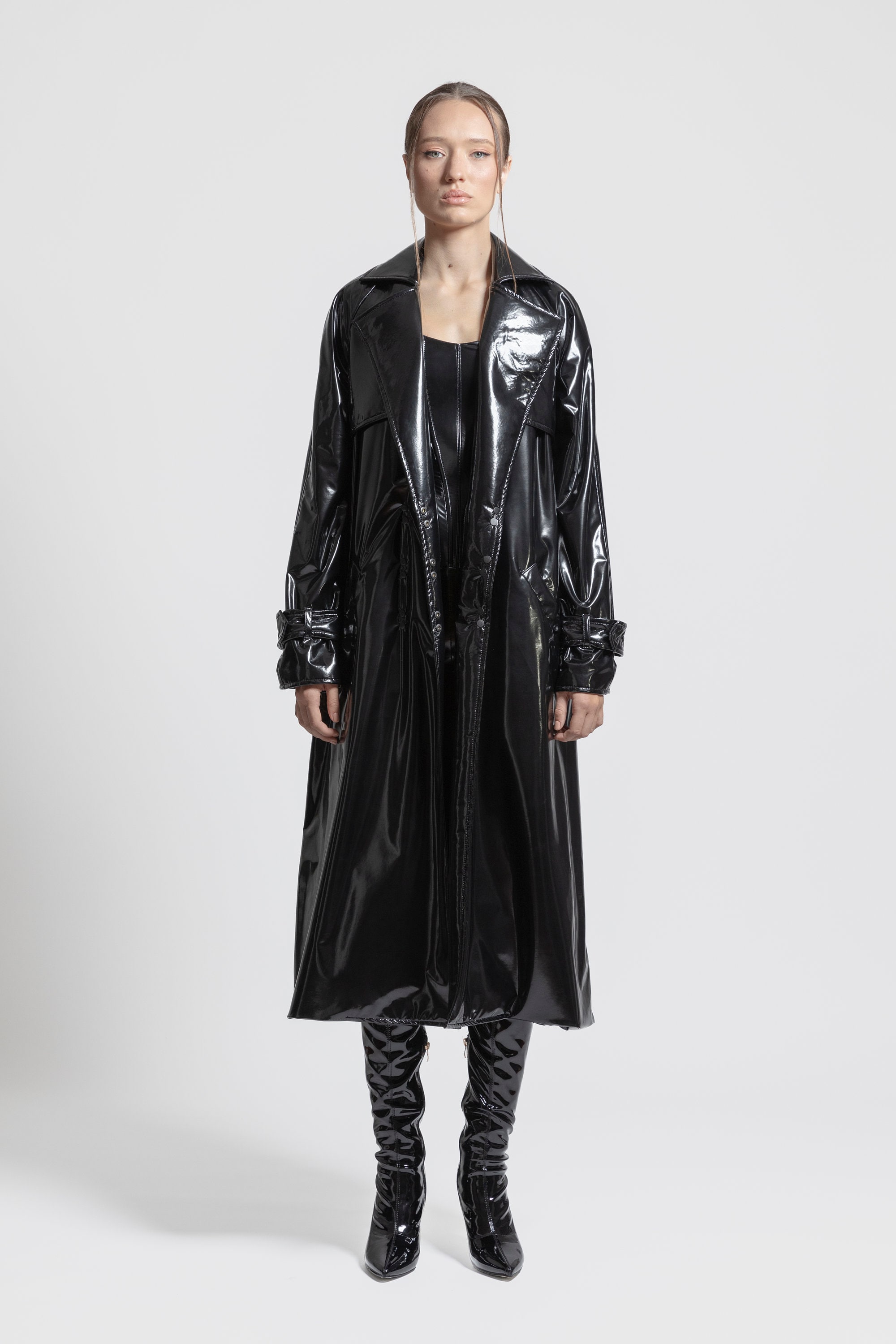 TACRAI Straight Coat Latex Look Black | Longline Classic Trench Coat ...