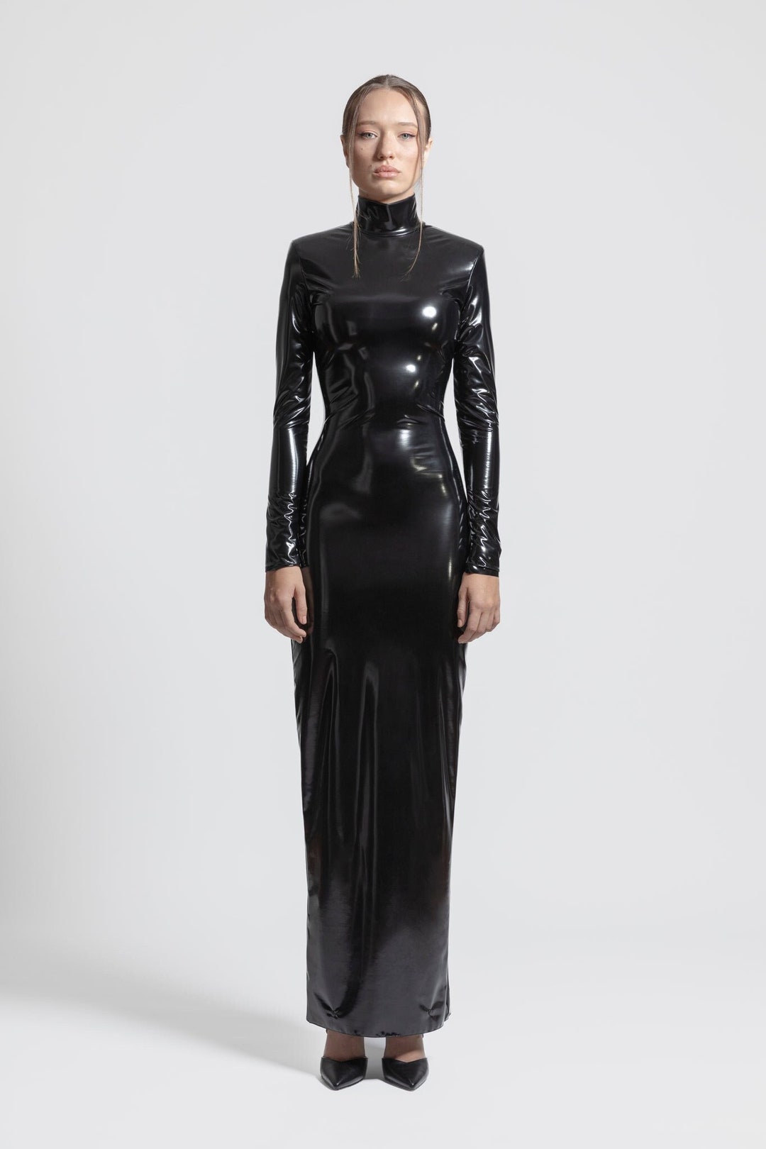 TACRAI Bodycon Gloss Dress | Black Latex Feel Wetlook Vinyl Clothing ...