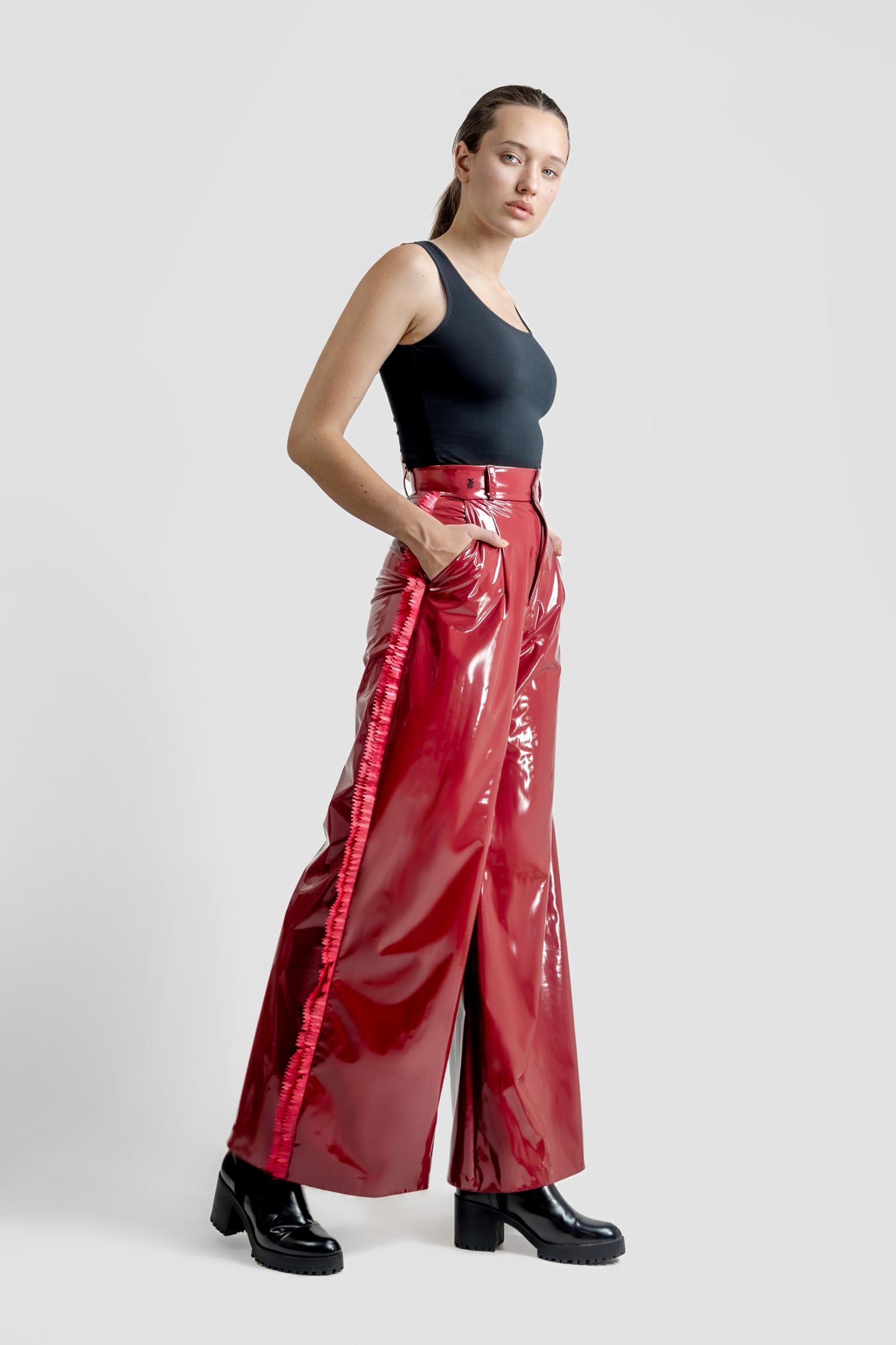 Wide Leg Flare Pants | Fringe Latex Look Pants Burgundy Red Vamp ...