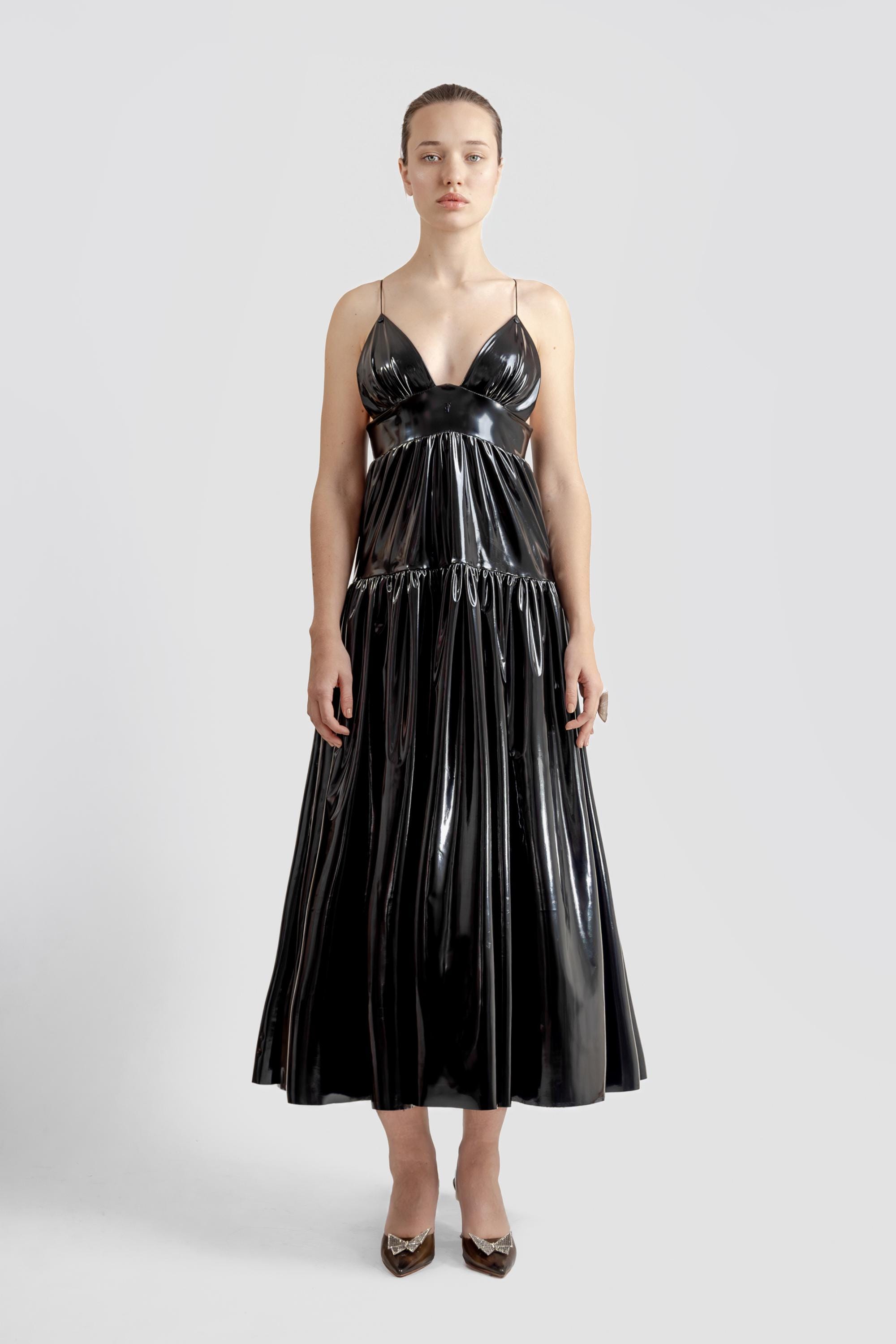 Drop Waist Black Dress | Long Latex-feel Women Clothing Full Skirt ...