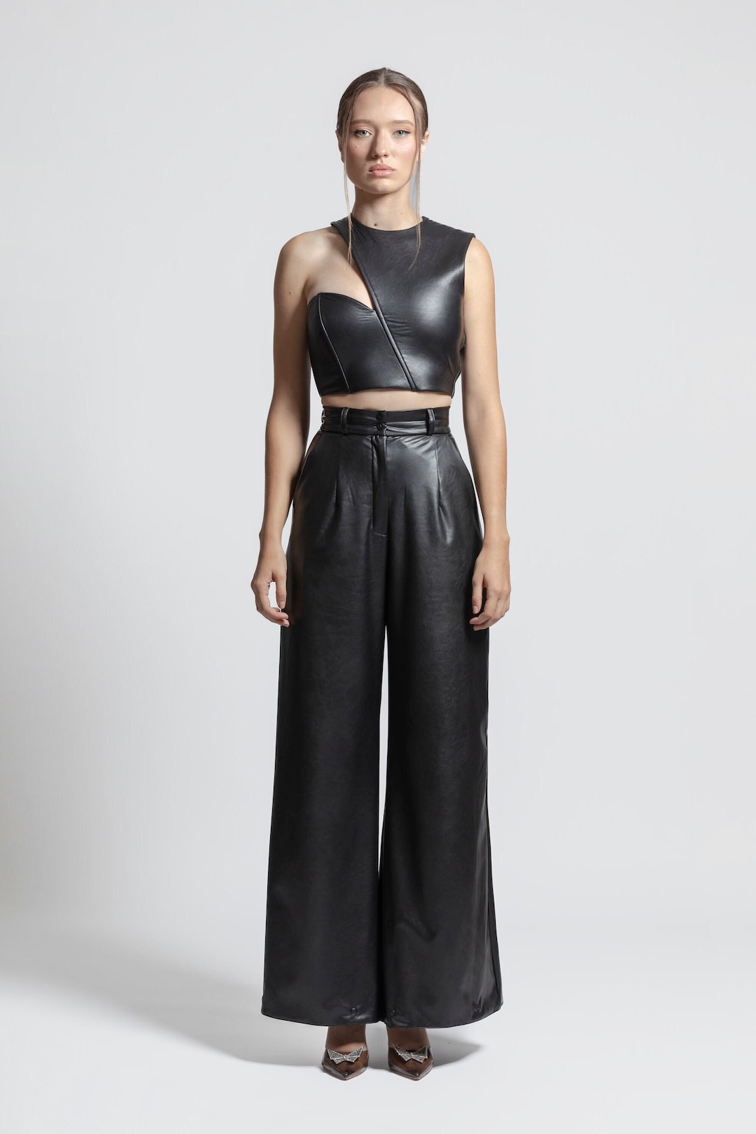 Asymmetric Crop Top | Matte Black Vegan Leather Sleeveless Vinyl ...